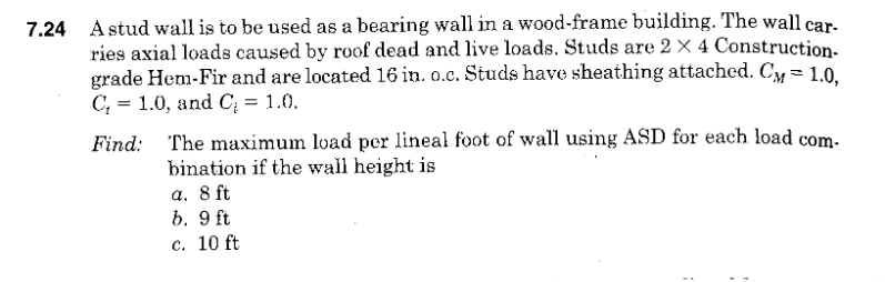 Solved 7.24 Astud wall is to be used as a bearing wall in a | Chegg.com
