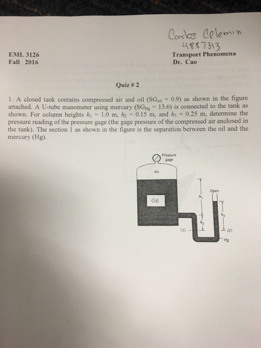 Solved A closed tank contains compressed air and oil (SG_oil | Chegg.com