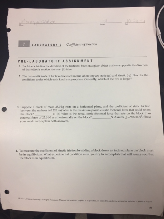 Solved: Laboratory 7 Pre-lab: Coefficient Of Friction | Chegg.com