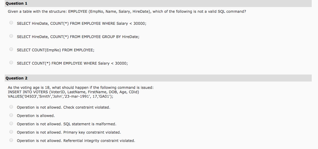Solved Question 1 Given a table with the structure: EMPLOYEE | Chegg.com