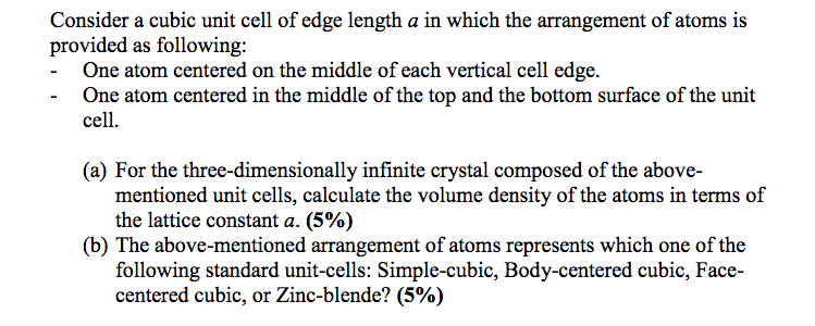 Solved Consider a cubic unit cell of edge length a in which | Chegg.com