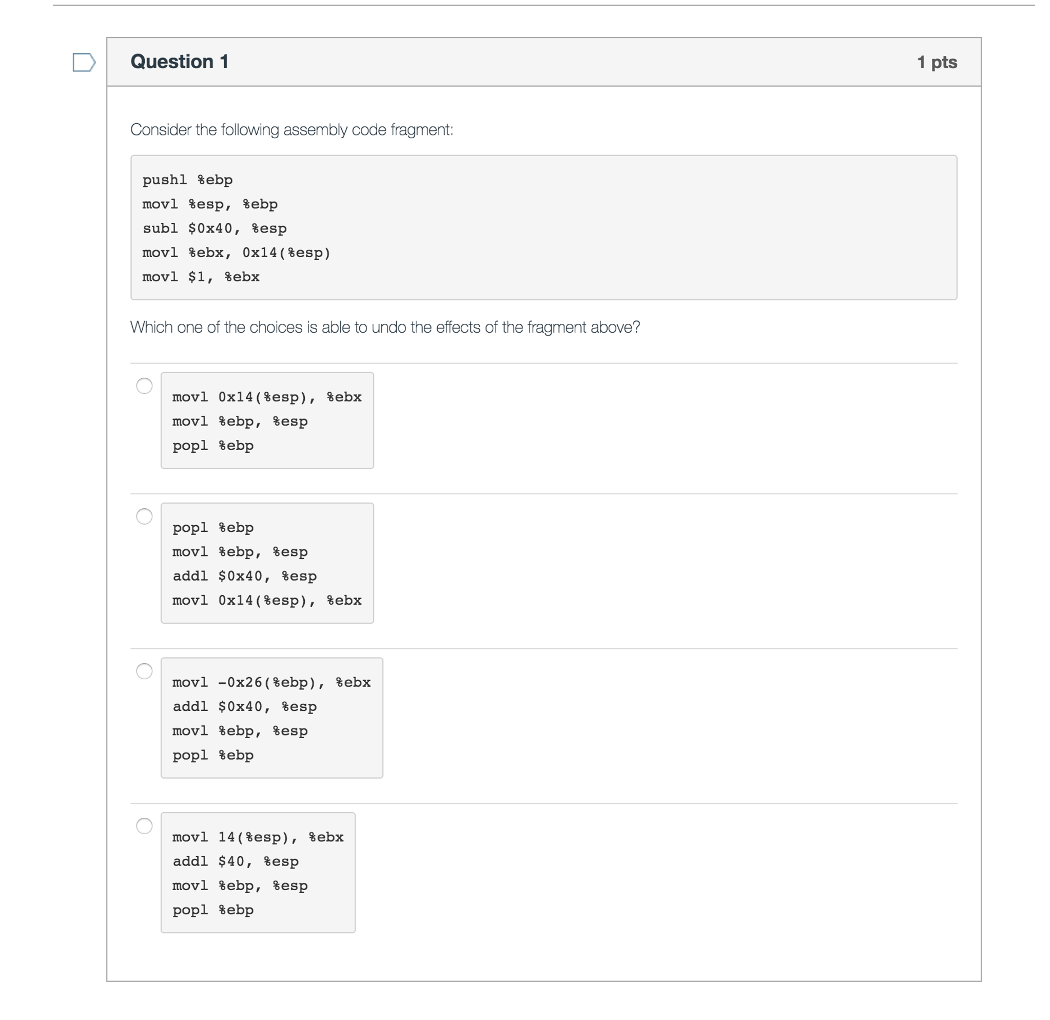 Solved Consider the following assembly code fragment: push1 | Chegg.com