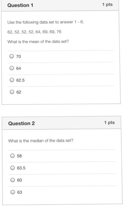 Solved Use the following data set to answer 1 - 6. 62. 52, | Chegg.com