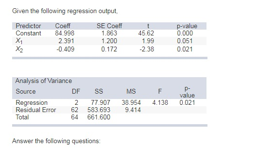 Given the following regression output, Predictor | Chegg.com