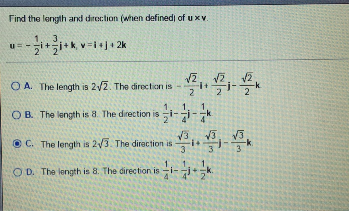 Solved Find the length and direction (when defined) of u x v | Chegg.com