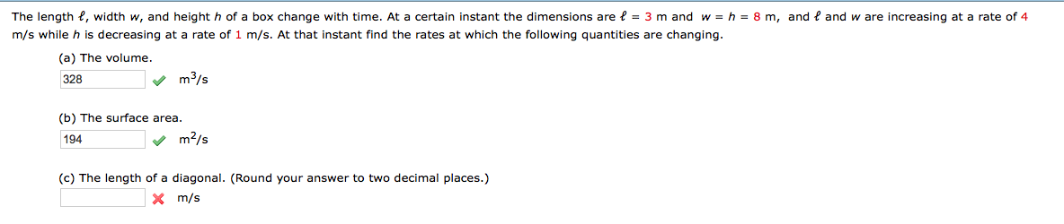 Solved The length l, width w, and height h of a box change | Chegg.com