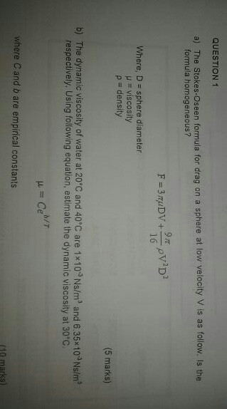 Solved QUESTION 1 a) The Stokes-oseen formula for drag on a | Chegg.com