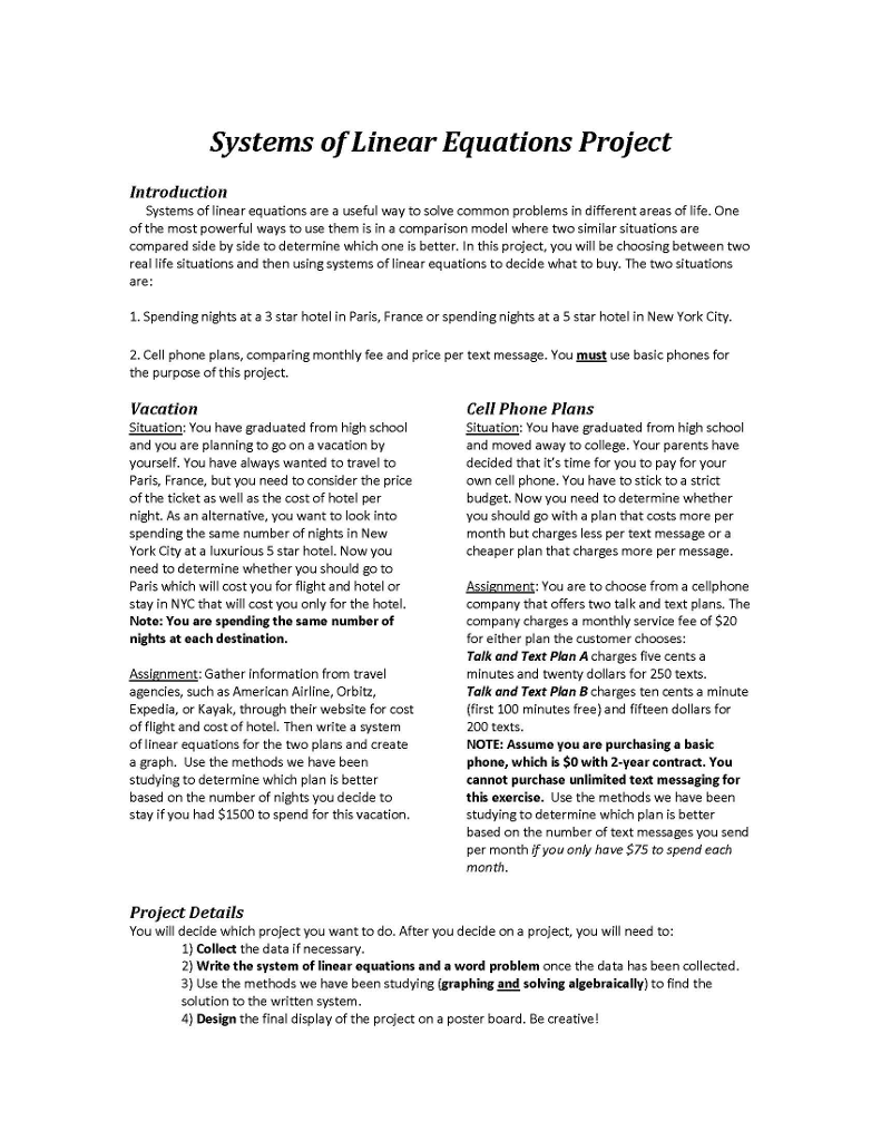 Writing Linear Equations Project