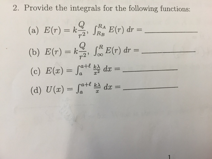 Solved Provide the integrals for the following functions: | Chegg.com