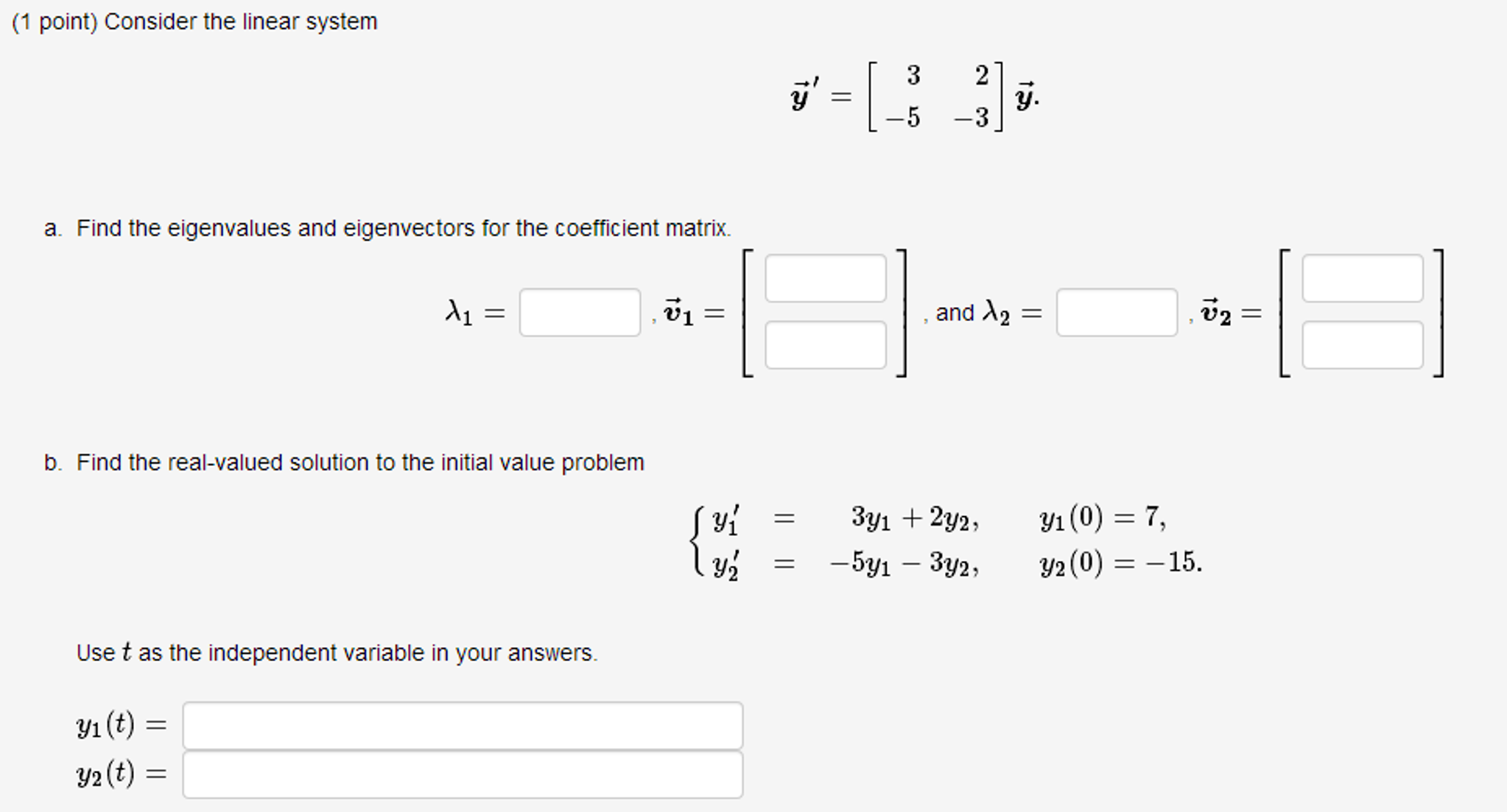 Solved Consider the linear system vector y' = [3 2 -5 | Chegg.com