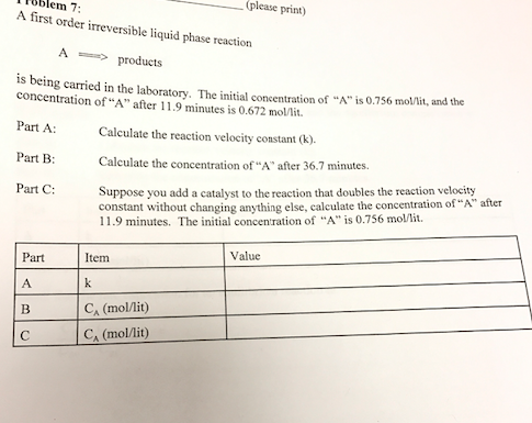 Solved A first order irreversible liquid phase reaction A | Chegg.com