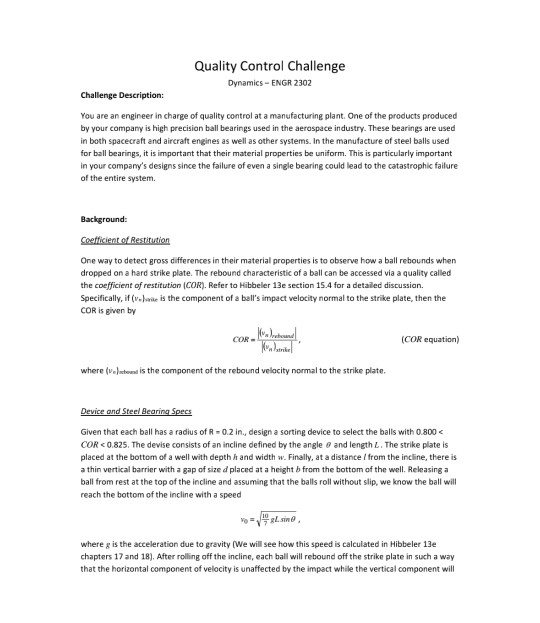 Solved Quality Control Challenge Dynamics- ENGR 2302 | Chegg.com