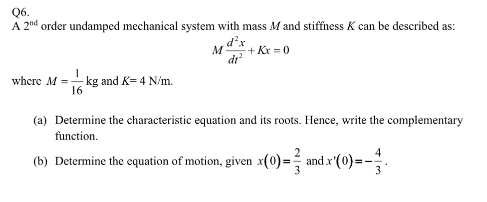 Solved Q6. A 2nd order undamped mechanical system with mass | Chegg.com