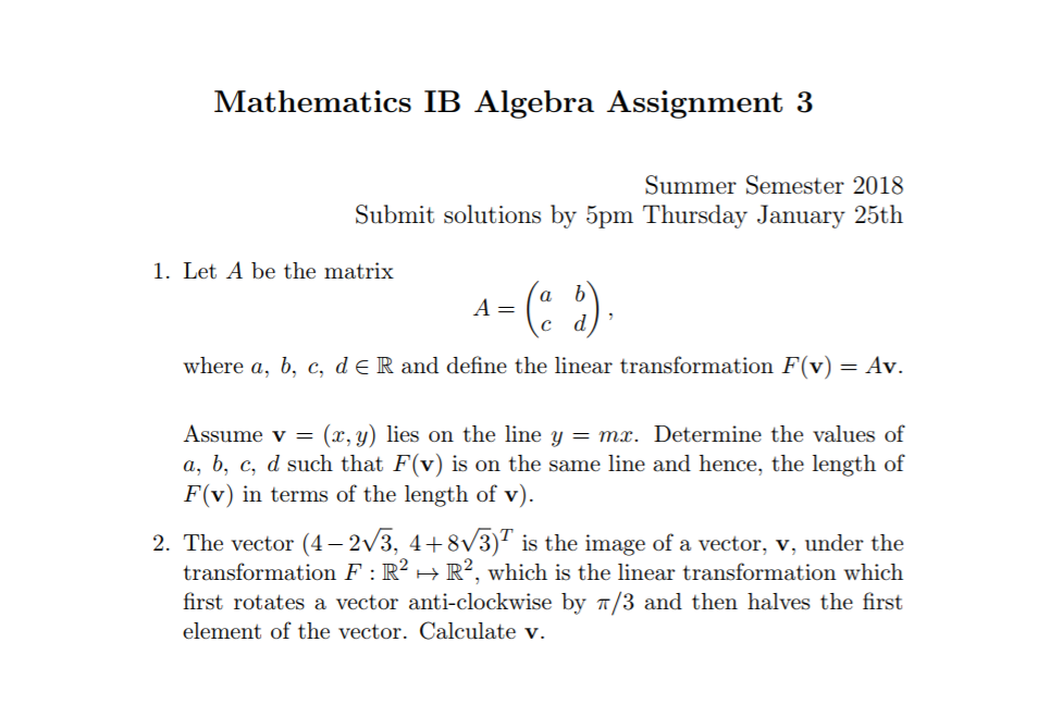 Solved Mathematics IB Algebra Assignment 3 Summer Semester | Chegg.com
