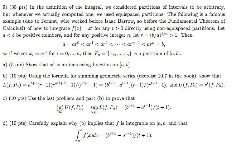 Solved In the definition of the integral, we considered | Chegg.com