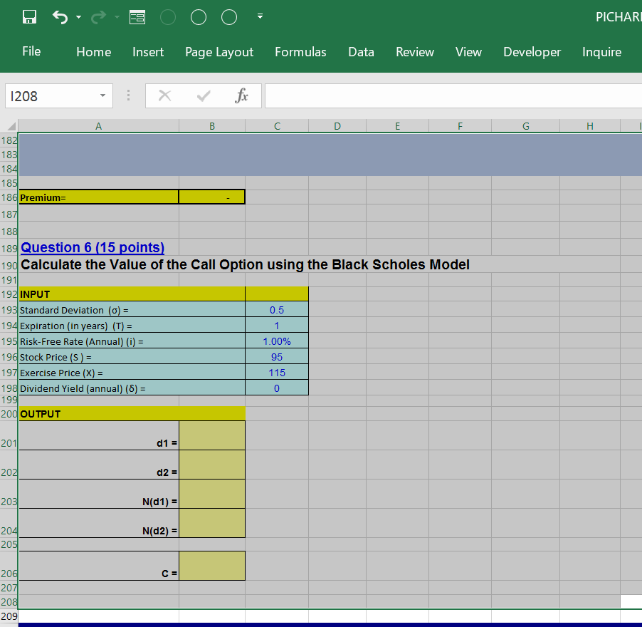 Solved PICHAR File Home Insert Page Layout Formulas Data | Chegg.com