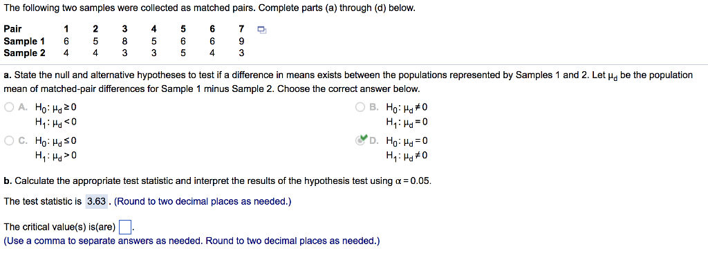 Solved The following two samples were collected as matched | Chegg.com