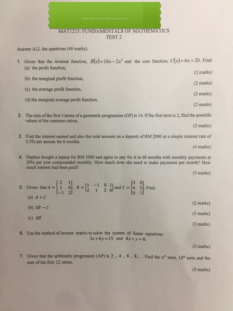 Solved MAT1215: FUNDAMENTALS OF MATHEMATICS TEST 2 Answer | Chegg.com