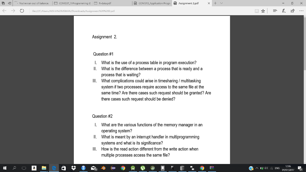 What is the use of a process table in program | Chegg.com