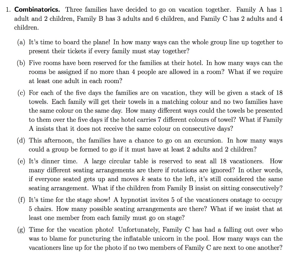 Solved 1. Combinatorics. Three families have decided to go | Chegg.com