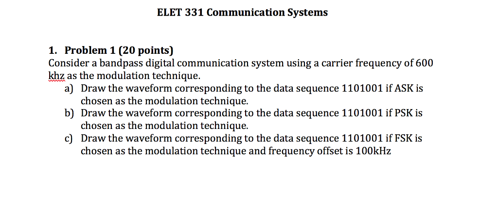 Solved ELET 331 Communication Systems 1. Problem 1 (20 | Chegg.com