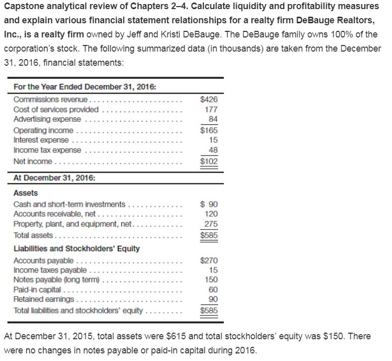 Solved Capstone analytical review of Chapters 2-4. Calculate | Chegg.com