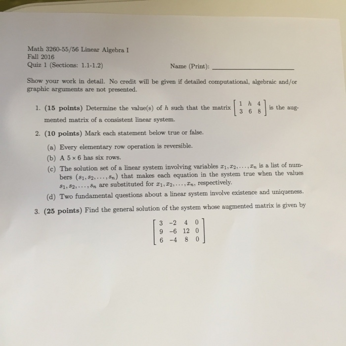 Solved Determine The Value S Of H Such That The Matrix [1 H