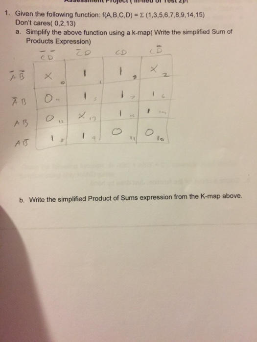 Solved Given the following function f(A, B, C.D) = sigma (1, | Chegg.com