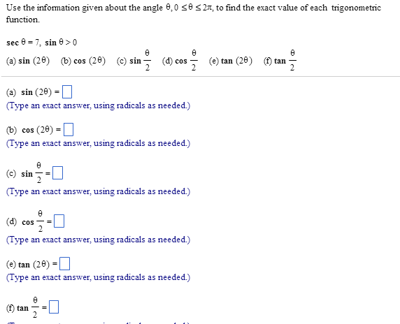 Solved Use the information given about the angle theta, 0 | Chegg.com