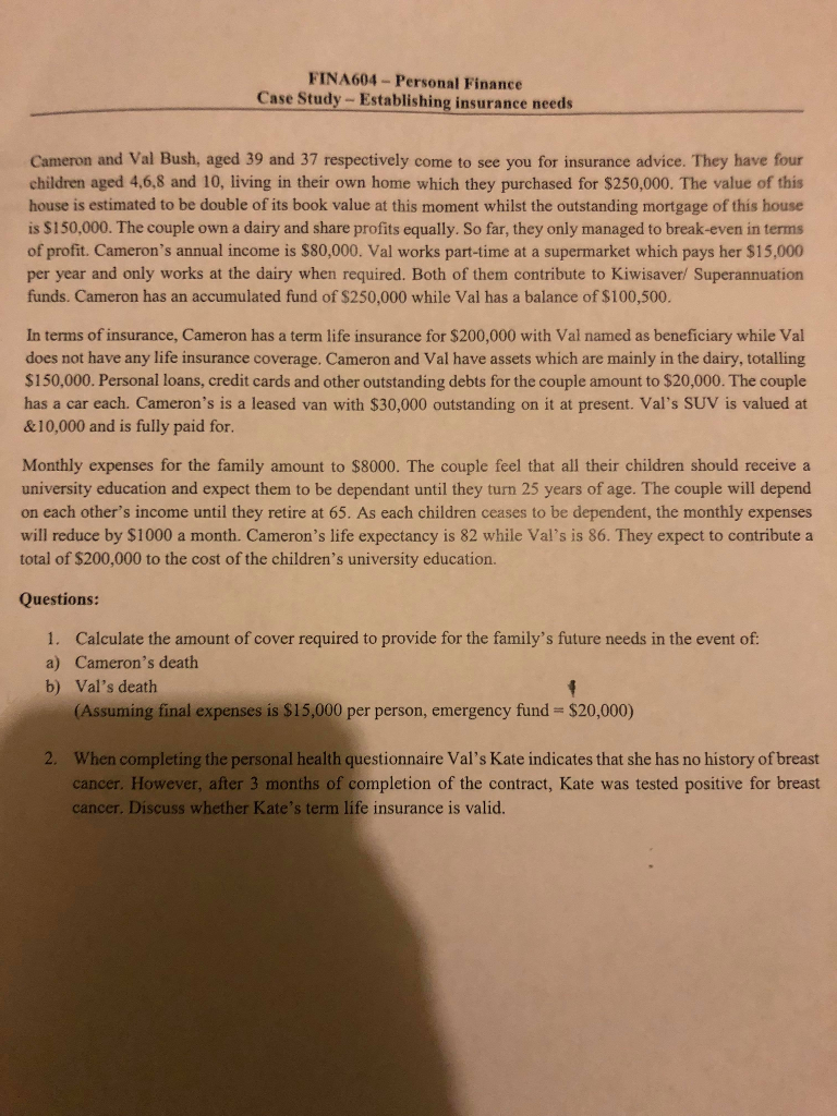FINA604-Personal Finance Case Study- Establishing | Chegg.com