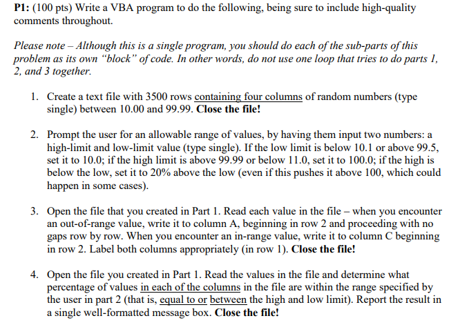 Solved P1: (100 pts) Write a VBA program to do the | Chegg.com