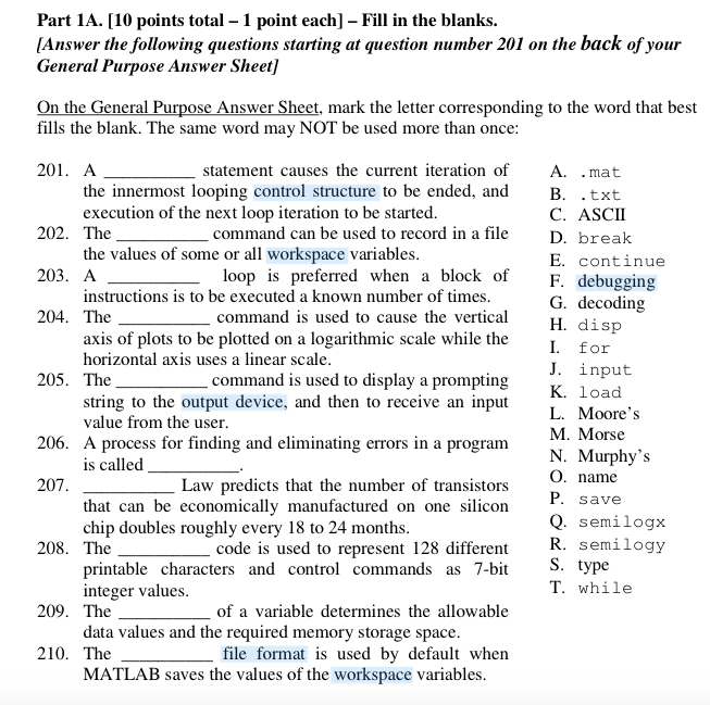 Solved Part 1A. [10 points total - 1 point each] - Fill in | Chegg.com