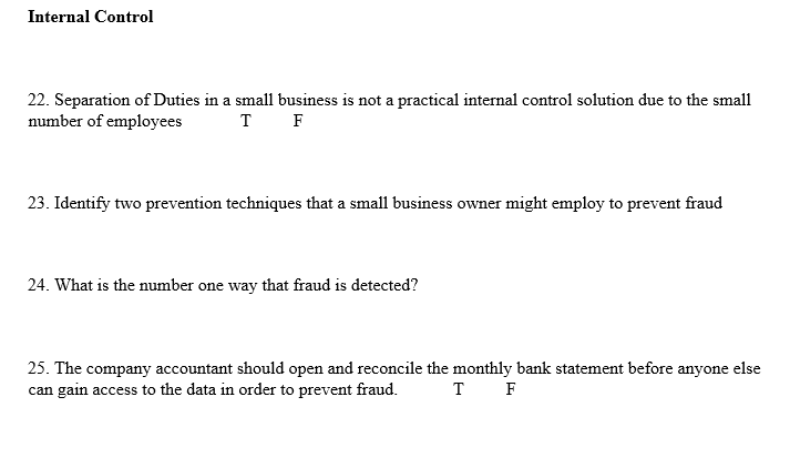 Solved Internal Control 22. Separation of Duties in a small | Chegg.com