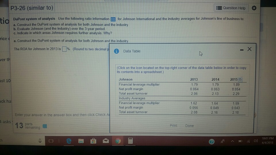 Solved P3-26 (similar to) Question Help gr DuPont system of | Chegg.com