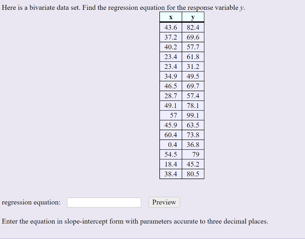 Solved Here is a bivariate data set. Fınd the regression | Chegg.com