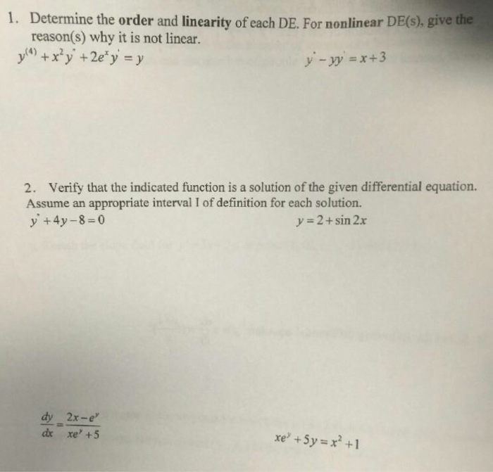 Solved Determine the order and linearity of each DE. For | Chegg.com