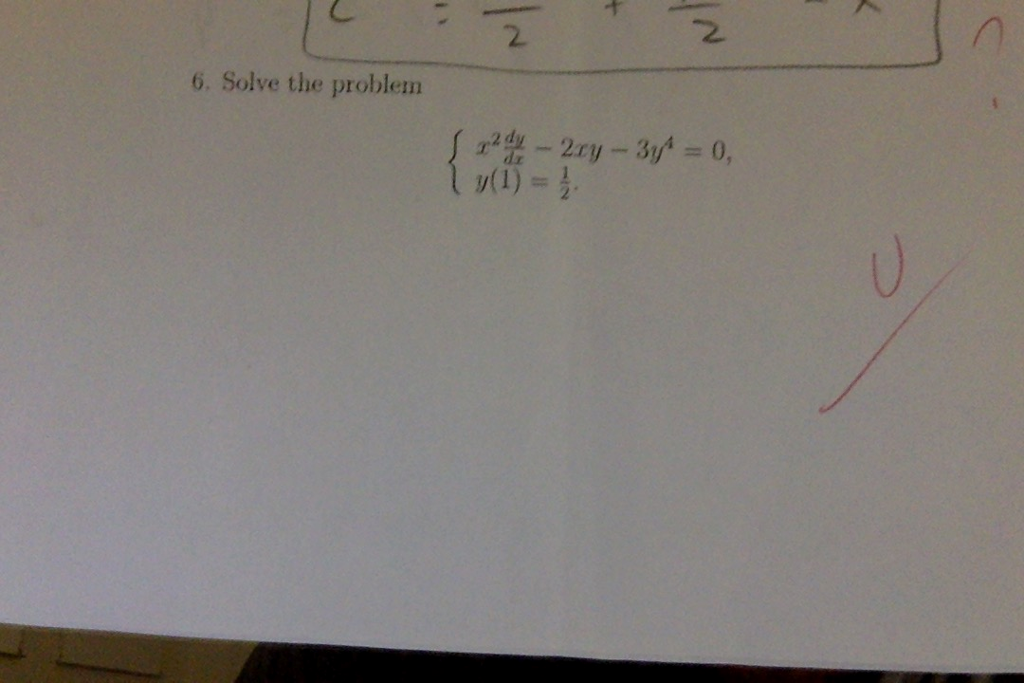 Solved Solve the problem {x^2 dy/dx - 2xy - 3y^4 = 0, y (1) | Chegg.com