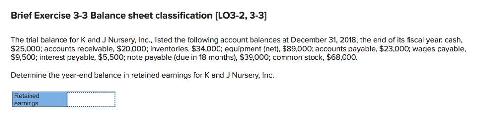 Solved Brief Exercise 3-3 Balance sheet classification | Chegg.com
