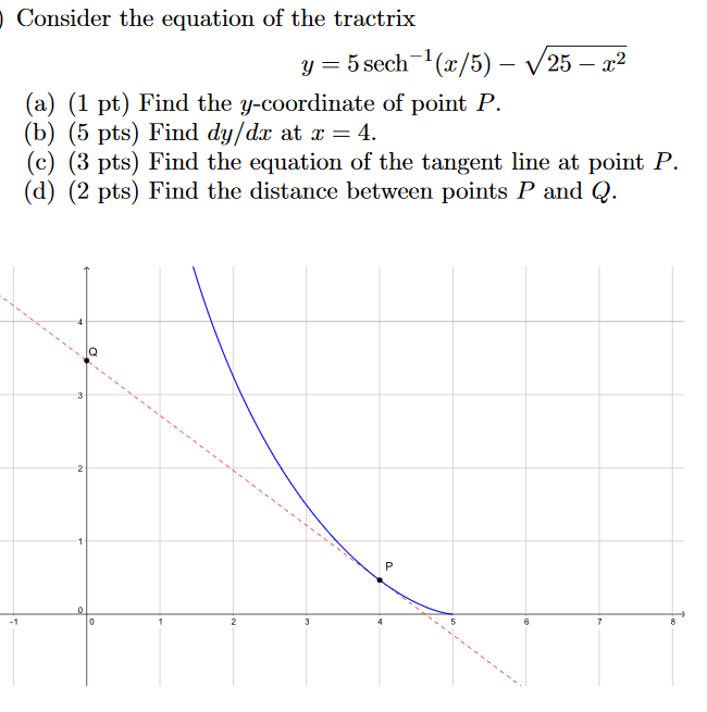 Solved Consider the equation of the tractrix y = 5 sech^-1 | Chegg.com