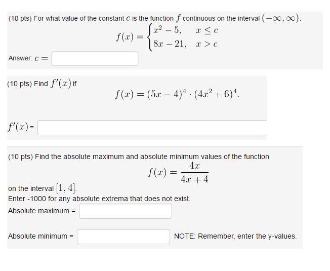 Solved For what value of the constant c is the function f | Chegg.com