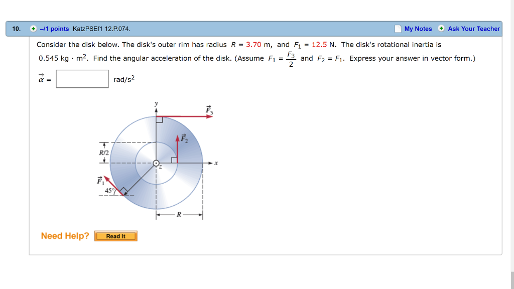 Solved 10. -/1 points KatzPSEf1 12.P.074 Consider the disk | Chegg.com