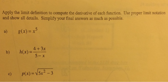 Solved Apply the limit definition to compute the derivative | Chegg.com