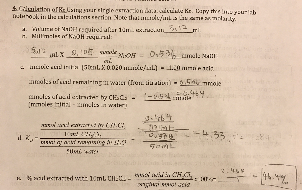 Solved 4. Calculation of KD.Using your single extraction | Chegg.com