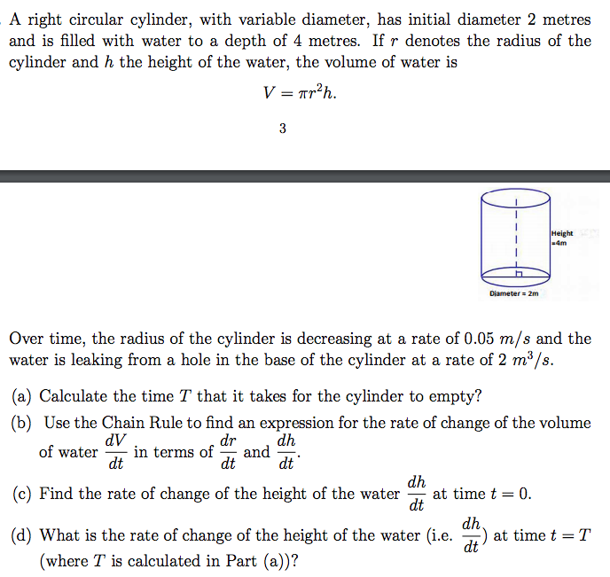 Solved A right circular cylinder, with variable diameter, | Chegg.com