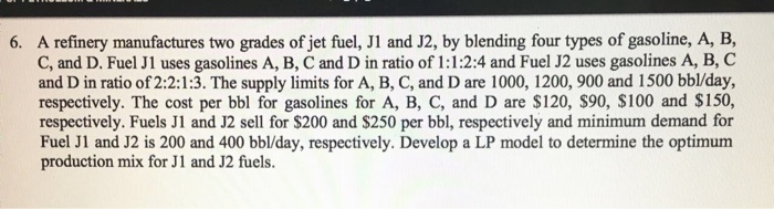 Solved A refinery manufactures two grades of jet fuel, J1 | Chegg.com