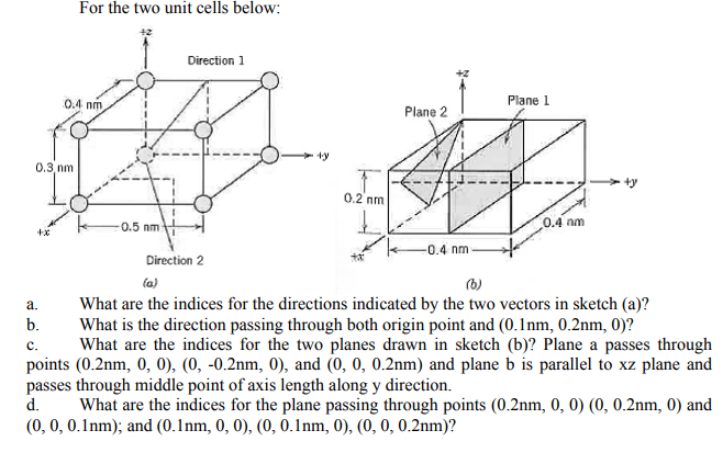 Solved For the two unit cells below: Direction 1 Plane 1 0.4 | Chegg.com