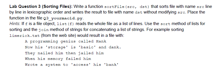 Solved Lab Question 3 (Sorting Files): Write a function | Chegg.com