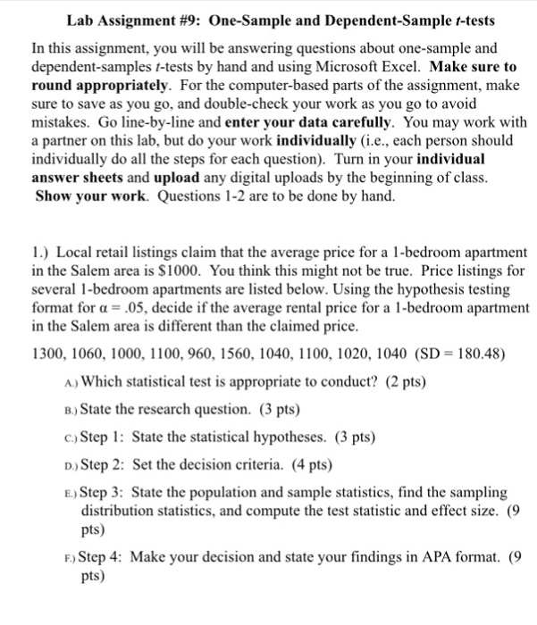 Solved Lab Assignment #9: One-Sample and Dependent-Sample | Chegg.com