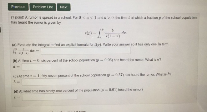 Solved Previous Problem ListNext (1 point) A rumor is spread | Chegg.com