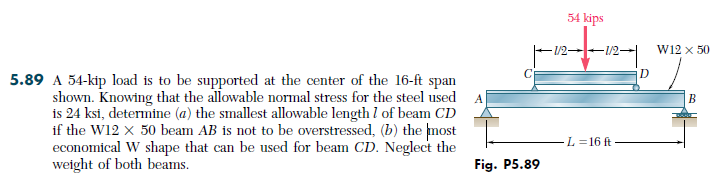 Solved 54 kips 1 lF w12 50 5.89 A 54-kip load is to be | Chegg.com